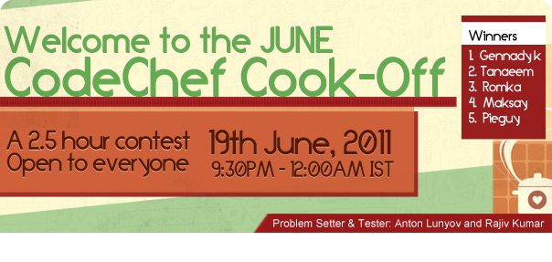 June Cook-off 2011 | CodeChef June Cook-off 2011 | CodeChef