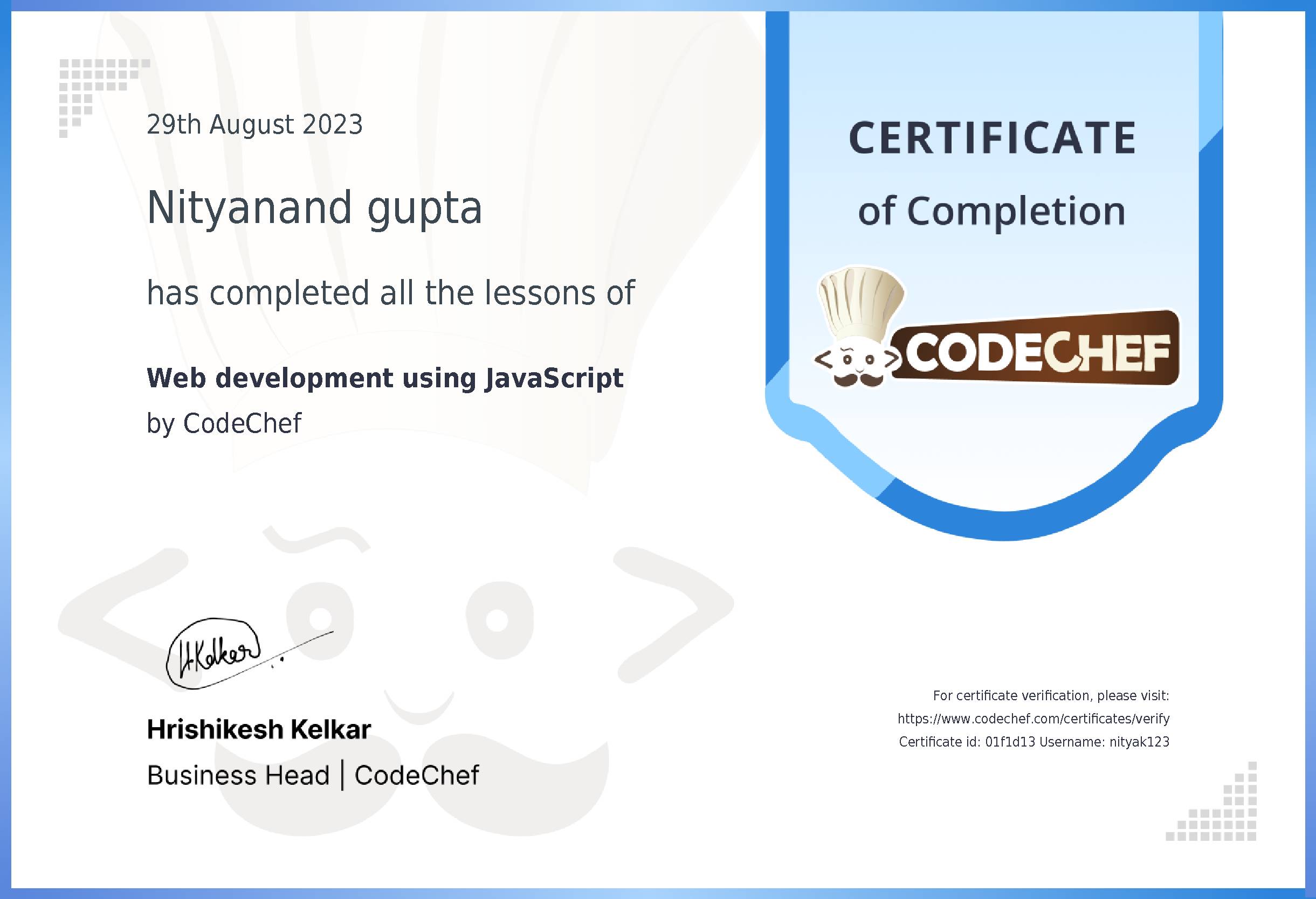 User Certificate | CodeChef