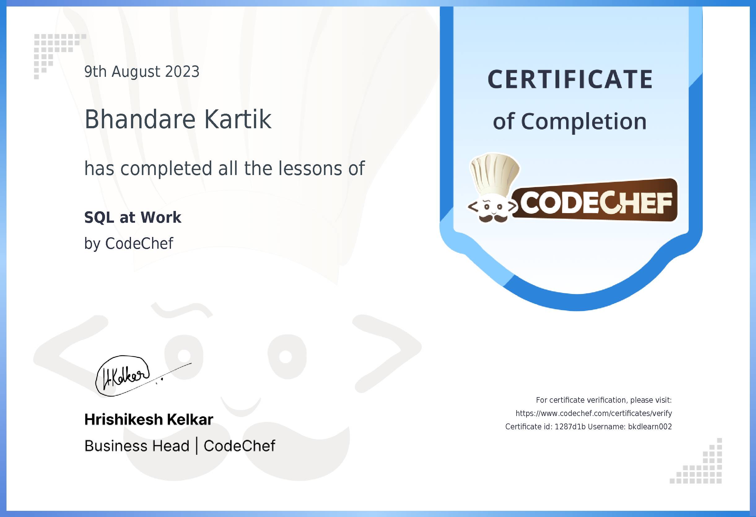 User Certificate | CodeChef