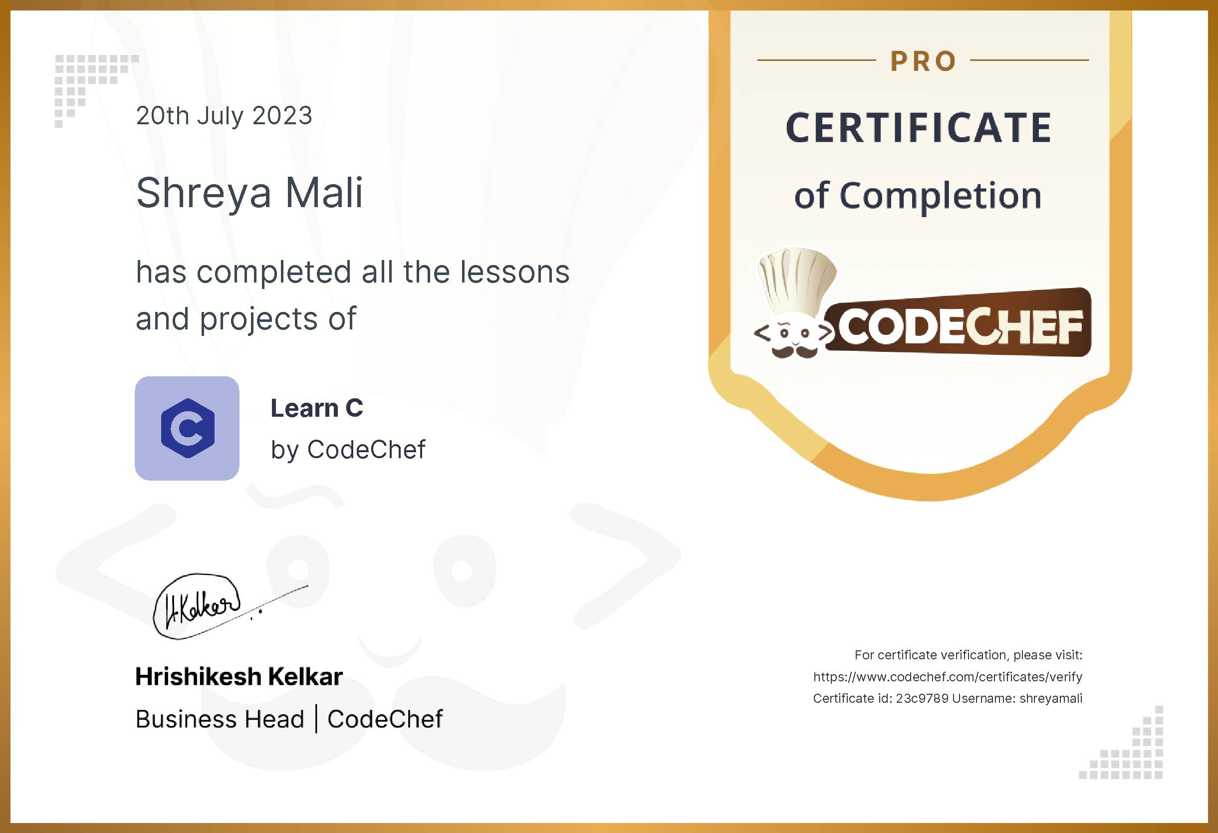 User Certificate | CodeChef