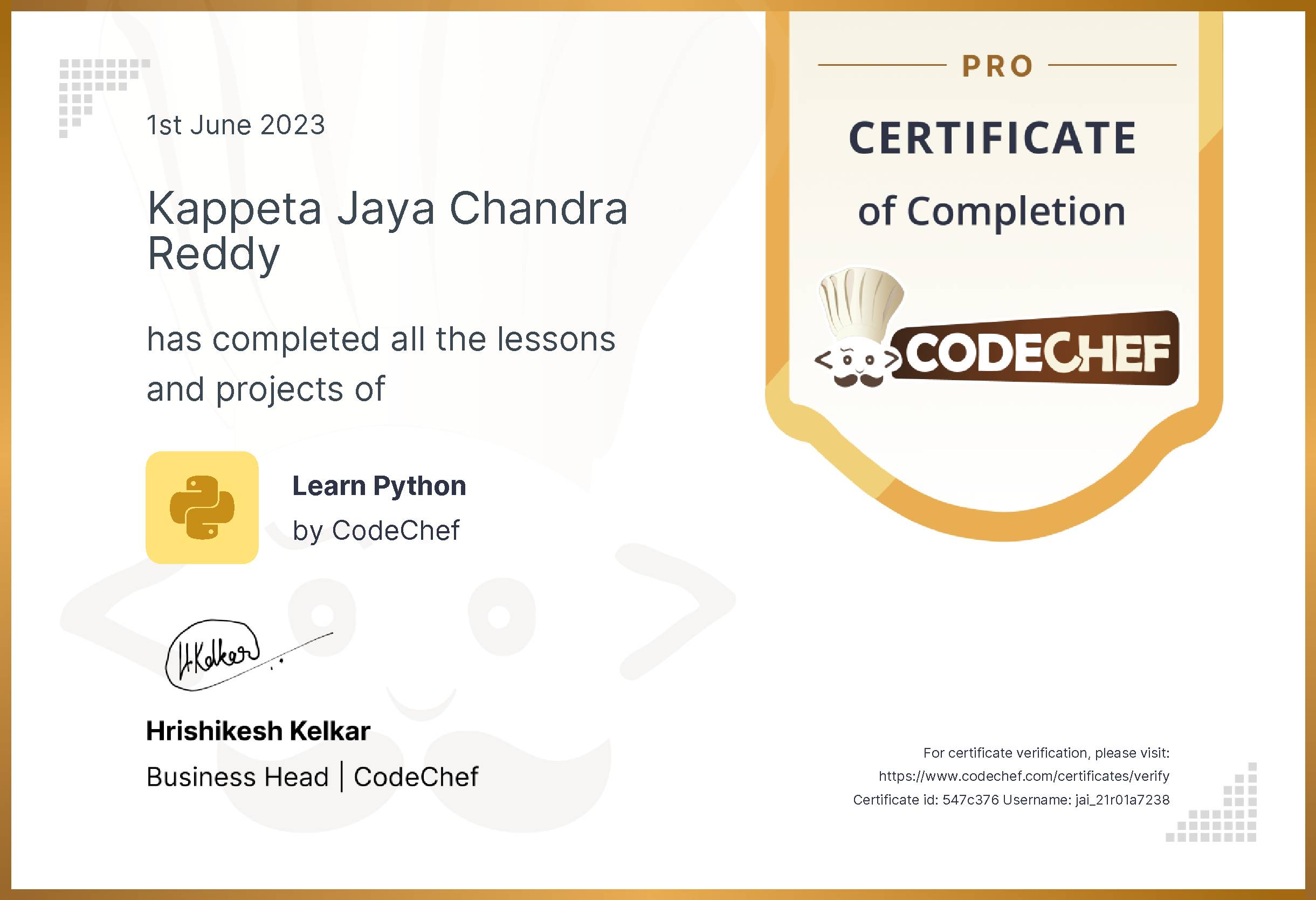 User Certificate | CodeChef