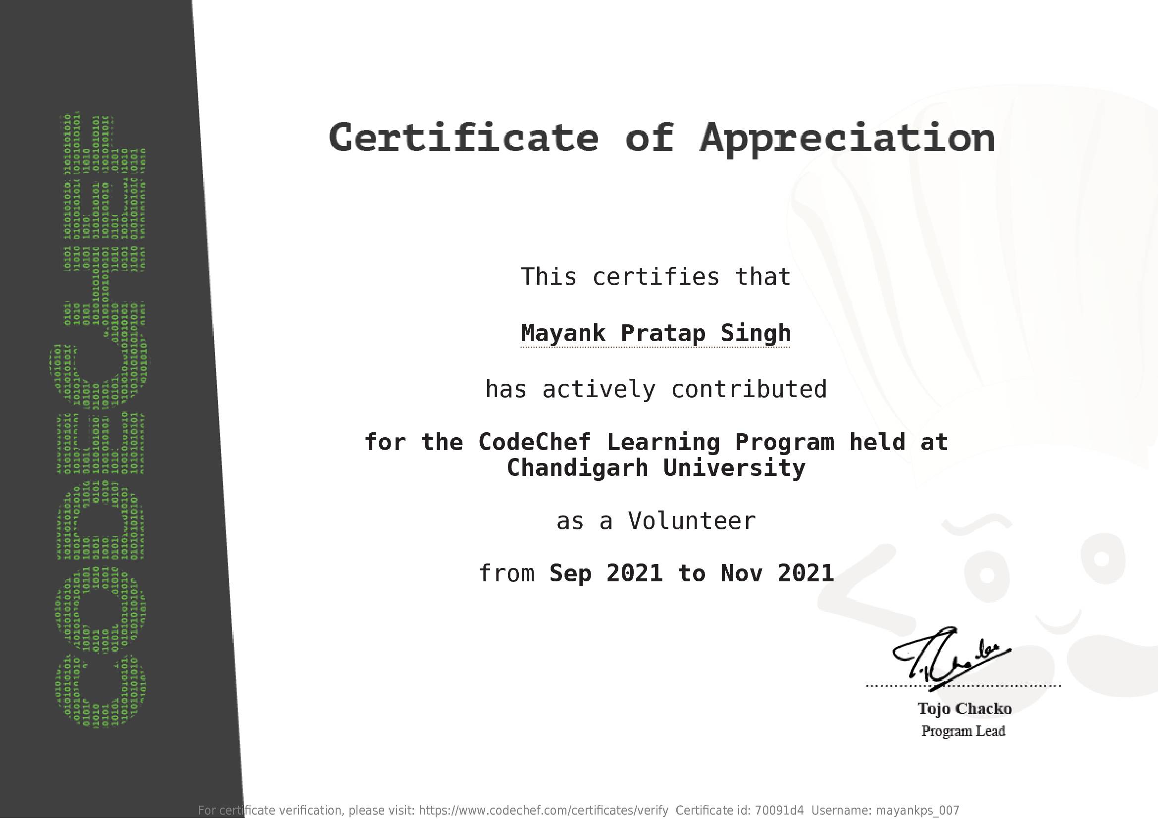 User Certificate | CodeChef