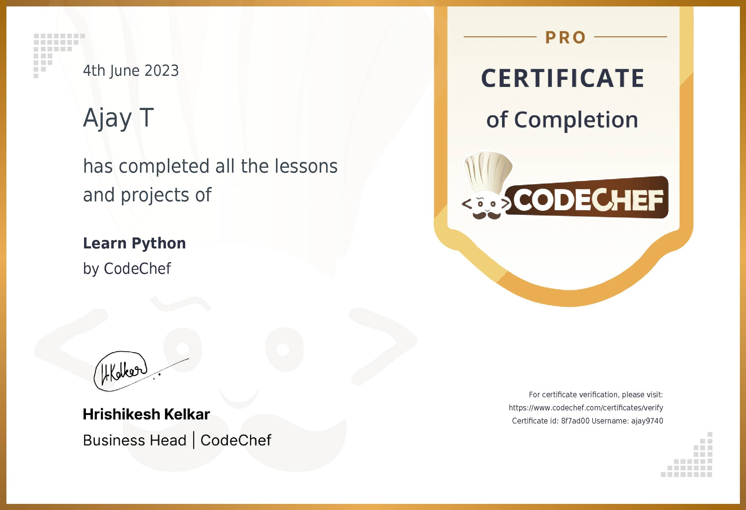 User Certificate | CodeChef