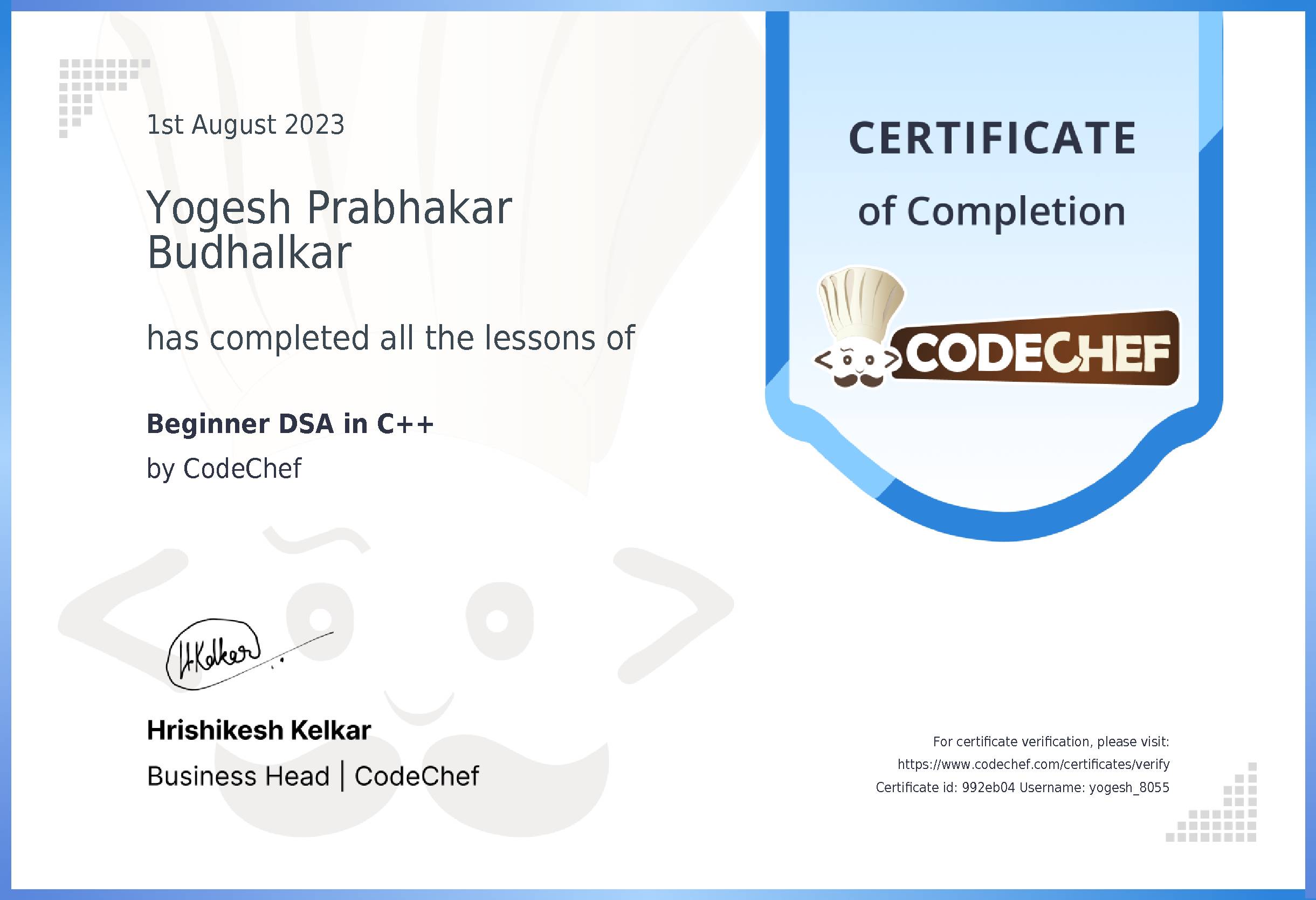 User Certificate | CodeChef