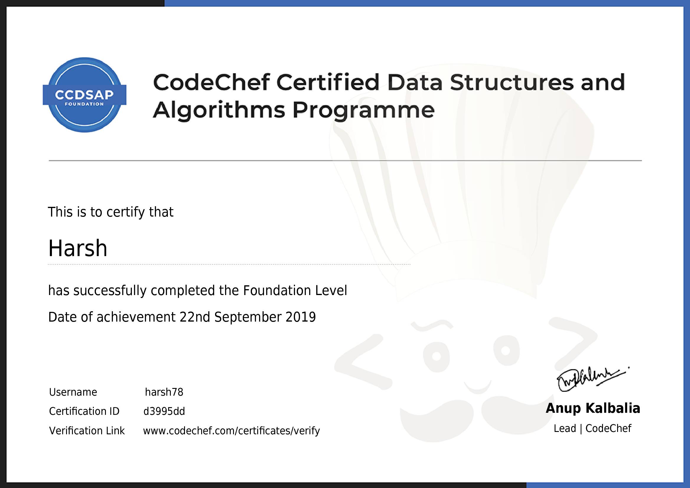 User Certificate | CodeChef
