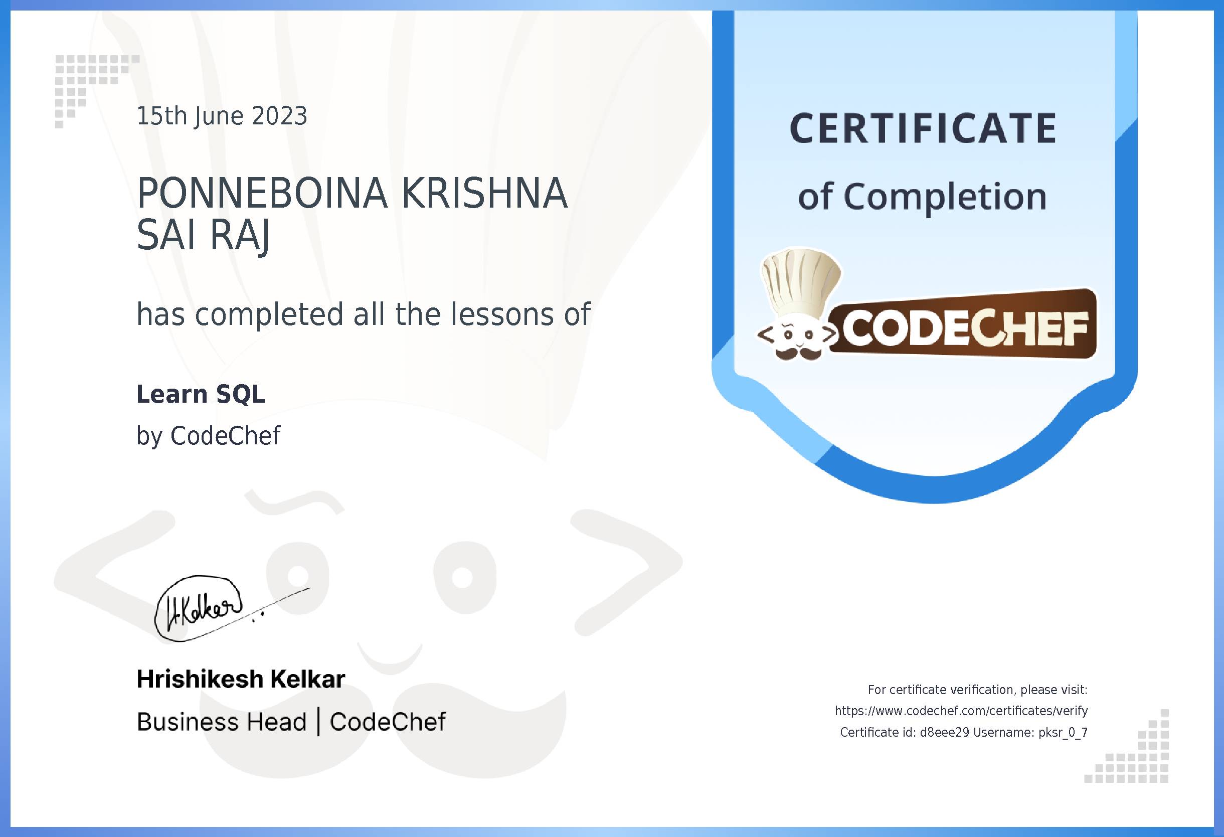User Certificate | CodeChef