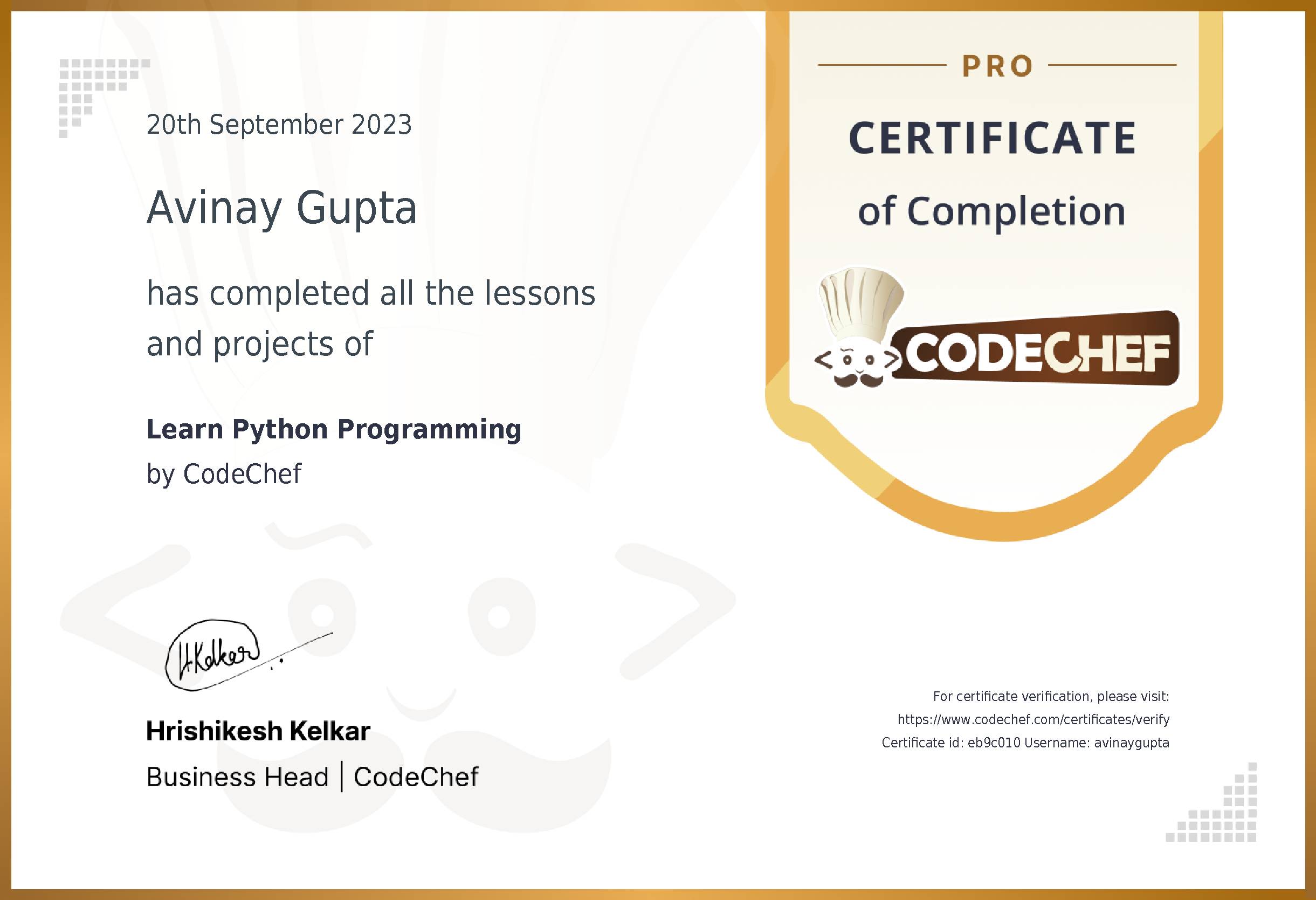 User Certificate | CodeChef