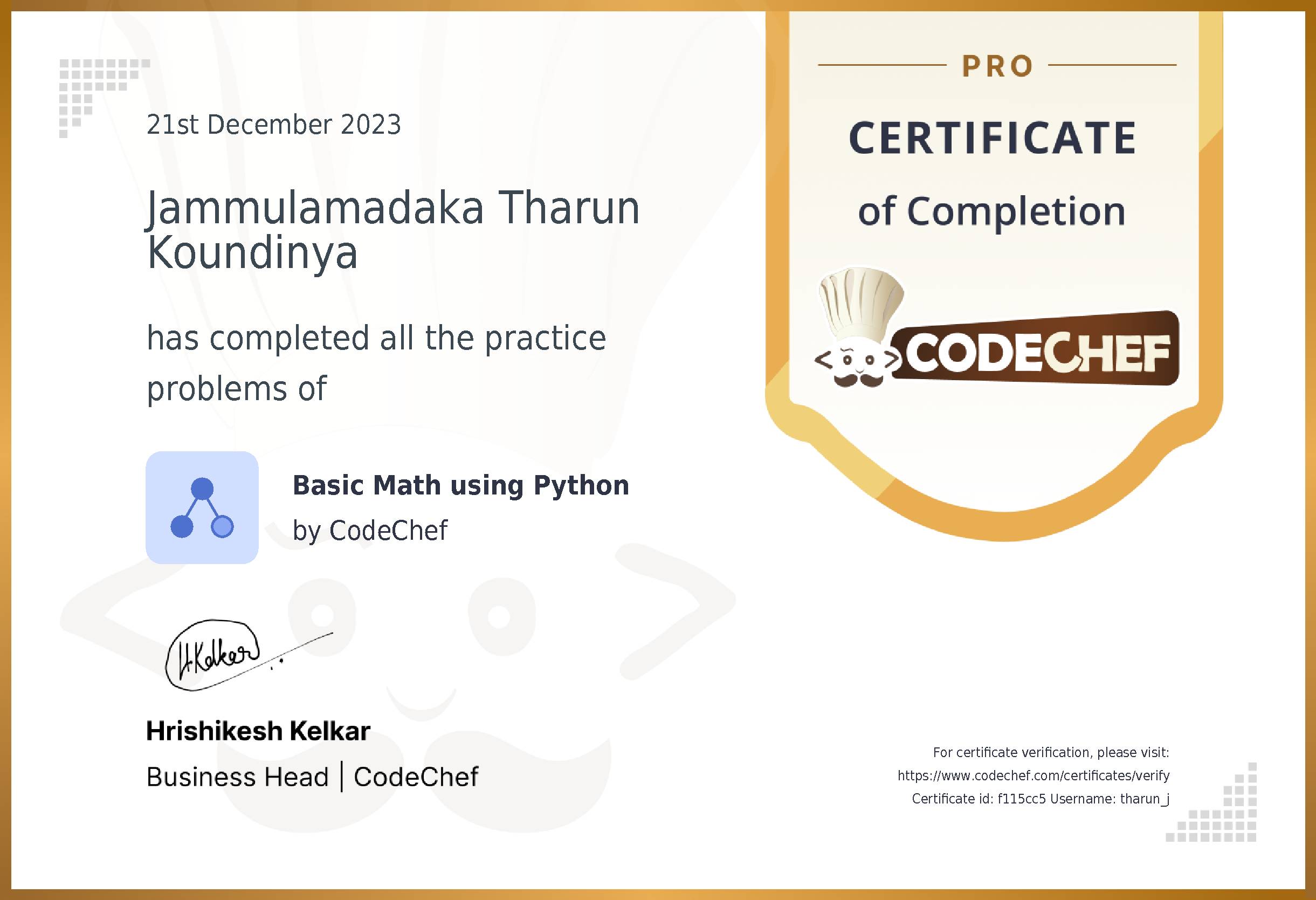User Certificate | CodeChef