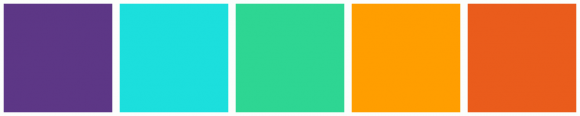 ColorCombo9946 with Hex Colors #5D3786 #1CDFDD #2ED693 #FF9E00 #EA5C1C