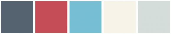 ColorCombo10039 with Hex Colors #556370 #C44D58 #77BED2 #F7F3E8 #D4DDDA