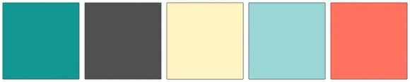ColorCombo10797 with Hex Colors #129793 #505050 #FFF5C3 #9BD7D5 #FF7260