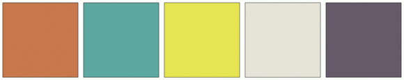 ColorCombo12872 with Hex Colors #C7784C #5DA8A0 #E7E453 #E5E4D7 #665A6A