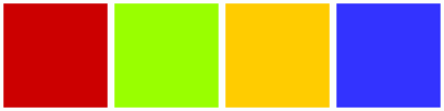 ColorCombo13693 with Hex Colors #CC0000 #99FF00 #FFCC00 #3333FF