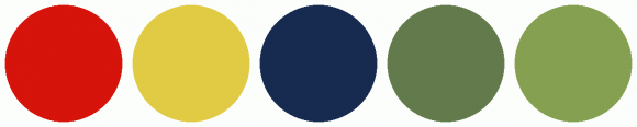 ColorCombo14125 with Hex Colors #D6140B #E1CB44 #172A4F #637B4C #86A051