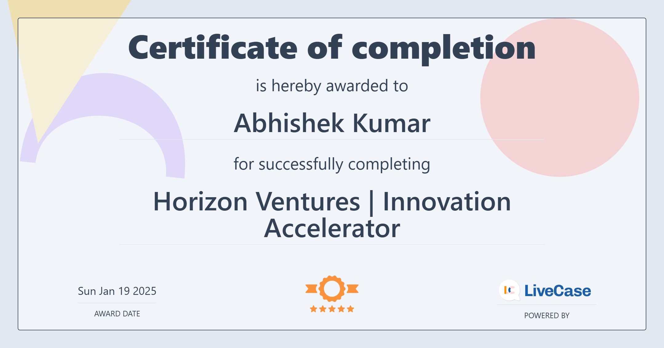 Certificate of completion awarded to Abhishek Kumar for completing Horizon Ventures | Innovation ...