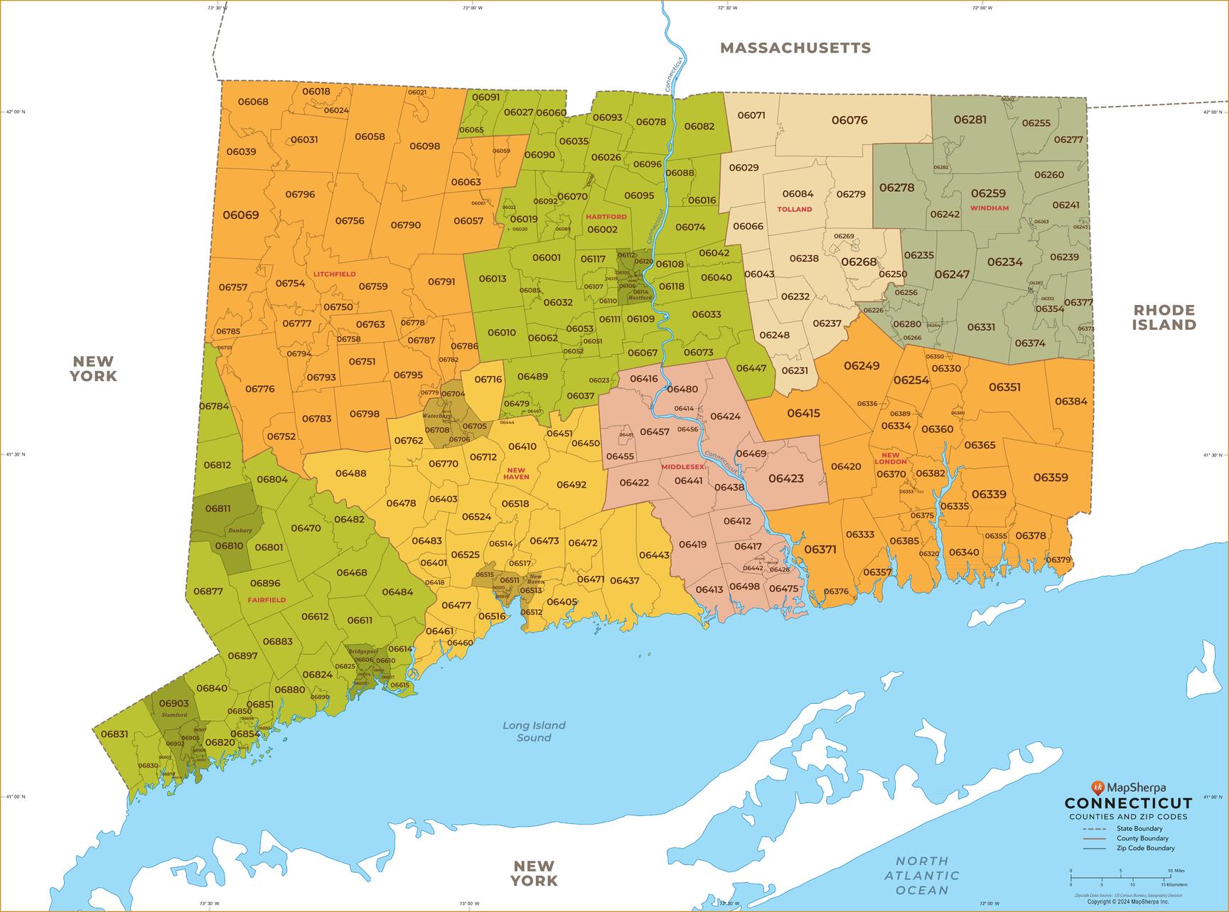 MapSherpa Connecticut ZIP Code Map With Counties Large MapSherpa