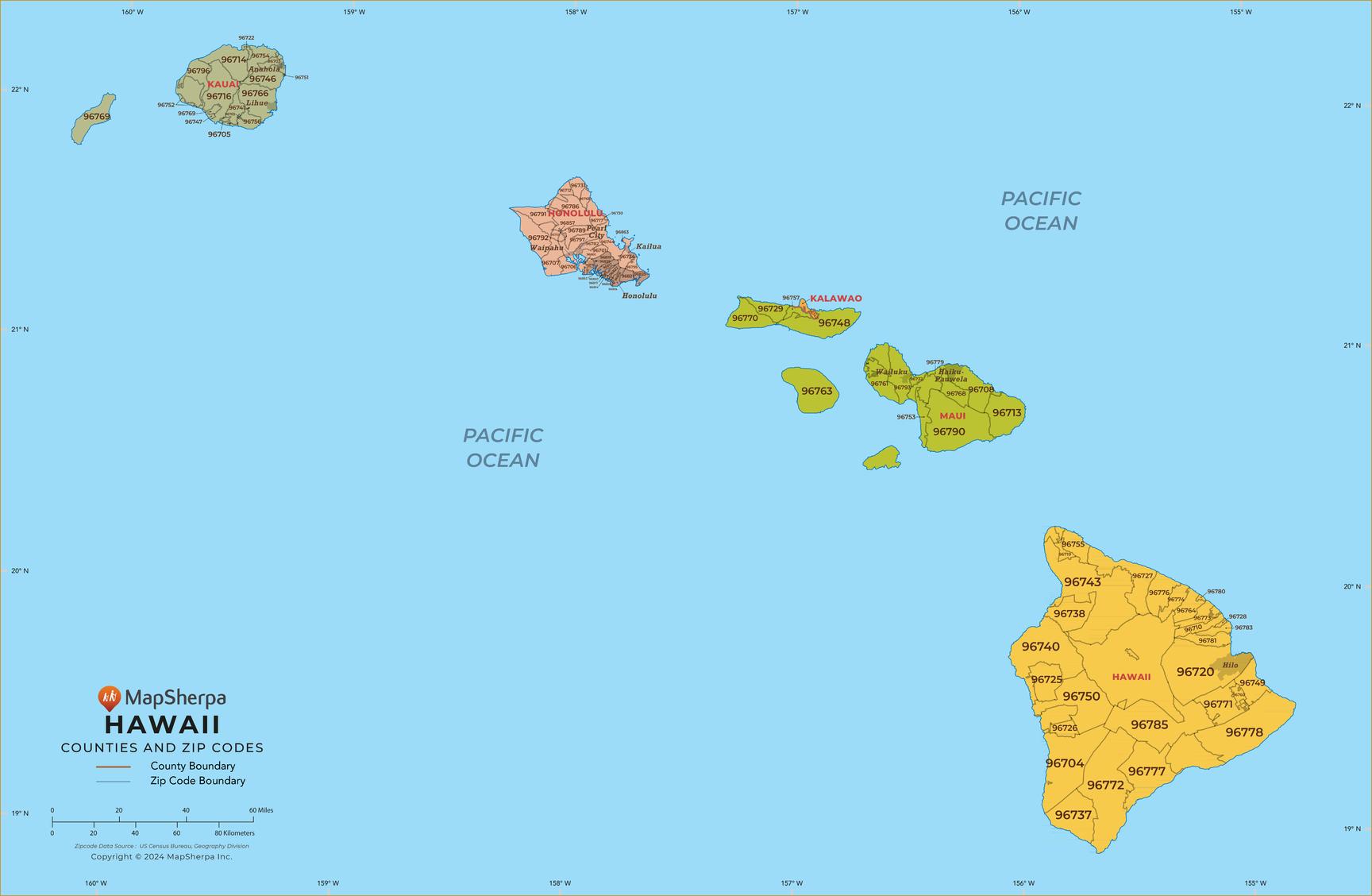 MapSherpa, Hawaii ZIP Code Map with Counties - Standard | MapSherpa MapSherpa, Hawaii ZIP Code Map with Counties - Standard | MapSherpa