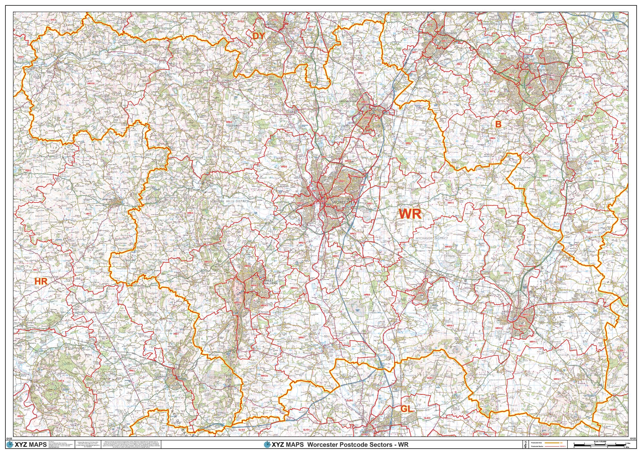 XYZ Maps, Worcester - WR - Postcode Wall Map | MapSherpa