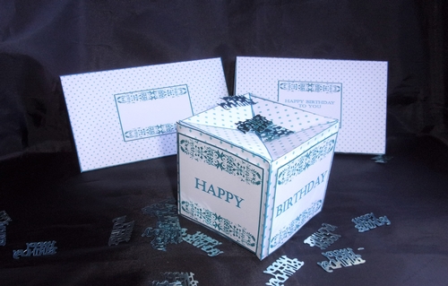 Blue & white Mens Birthday pop-up box card with matching slide box and ...