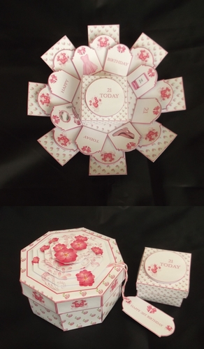 Pink floral octagonal exploding box card with matching gift box ...
