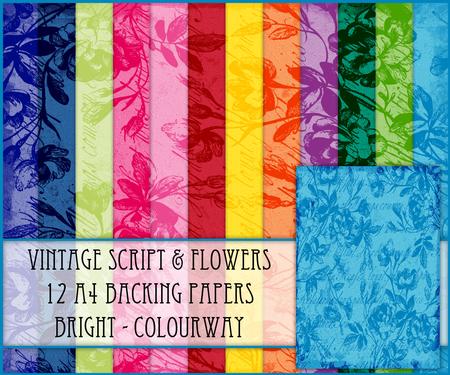 Vintage Script & Flowers 12 A4 Backing Papers - Bright Shade ...