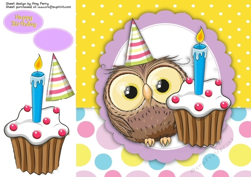 Cute Owl With Birthday Cupcake 8x8 - CUP1025063_983 | Craftsuprint