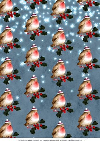 A4 Christmas Paper Cute Robins/Holly on Slate Blue Snowy Background ...