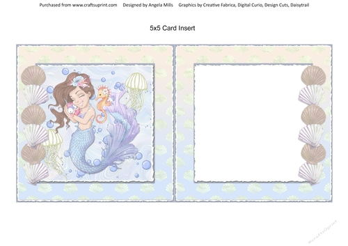 Pretty Mermaids 6: 5 x 5 Card Insert with Blue/Yellow Seashells ...