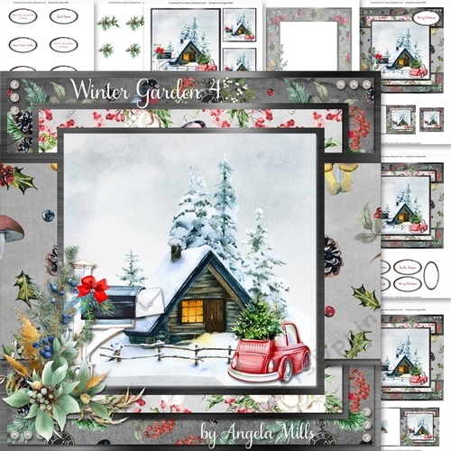 Winter Garden 4: Red Car/Wooden Chalet Cottage 7 x 7 Card Mini Kit , 7 ...