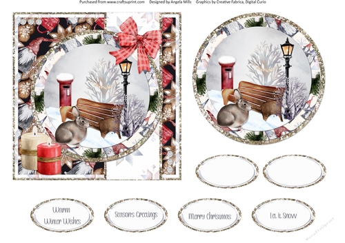 Snowy Village 14: Pillar Box & Rabbit 6 x 6 Card Front with Topper and ...