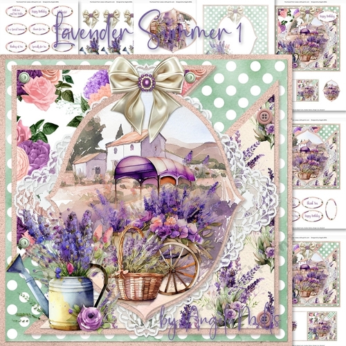 Lavender Summer 1: Lavender Cart & Basket 7 x 7 Decoupage Card Front ...