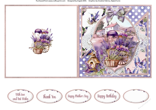 Lavender Summer 18: Lavender Floral Cart 5 x 5 Cut & Fold Card with ...