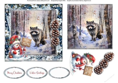 Winter Woodland 11: Raccoons 6 x 6 Card Front with Topper, Decoupage ...