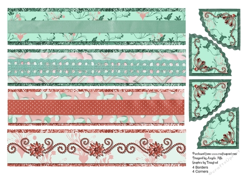 A4 Set of Four Borders and Corners Aqua/Peach, Ribbon/Lace/Bead Trims ...