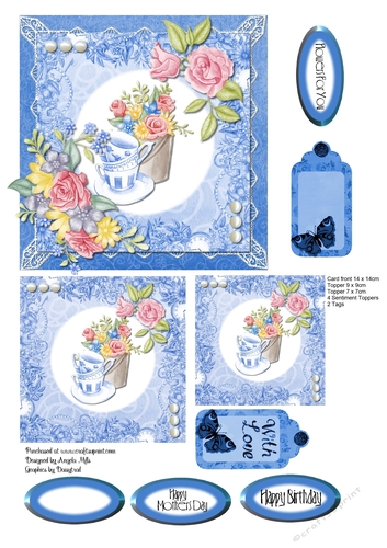 6 x 6 Floral/Teacups Card Front in Blue with Toppers, Sentiment Toppers ...