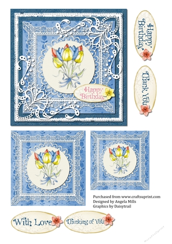6 x 6 Lacy Blue Tulip Bouquet Card Front with 2 Toppers, 4 Sentiment ...