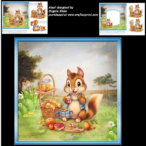 Chipmunk picnic 7x7 with sentiment tiles and decoupage, insert, gift ...