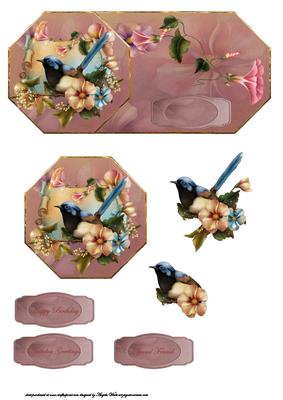 Bird and Blossom Octagon Shaped Card with Topper and Decoupa ...