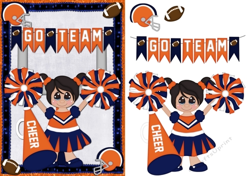Football Cheerleaders Greeting Card Blue and Orange Black Hair ...