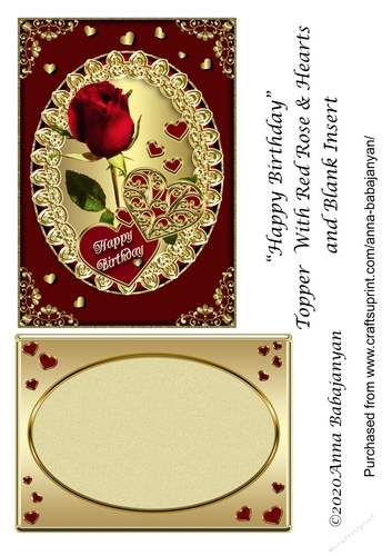 Happy Birthday Topper With Red Rose & Hearts and Blank Insert ...