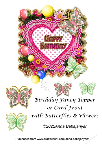 Birthday Fancy Topper or Card Front with Butterflies & Flowers ...
