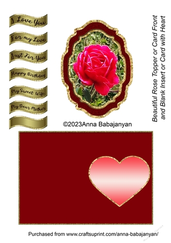 Beautiful Rose Topper or Card Front and Blank Insert or Card with Heart ...