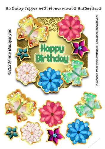 Birthday Topper with Flowers and 2 Butterflies 2 - CUP1266695_96 ...