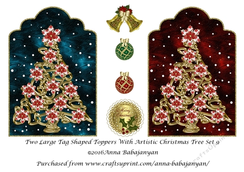 Two Large Tag Shaped Toppers With Artistic Christmas Tree Set 9 ...