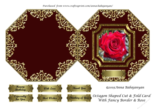 Octagon Shaped Cut & Fold Card With Fancy Border & Rose - CUP991732_96 ...