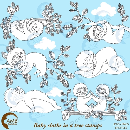 Sleepy sloth stamps, sloth stamps, sleepy sloth digital stamps, sloth ...