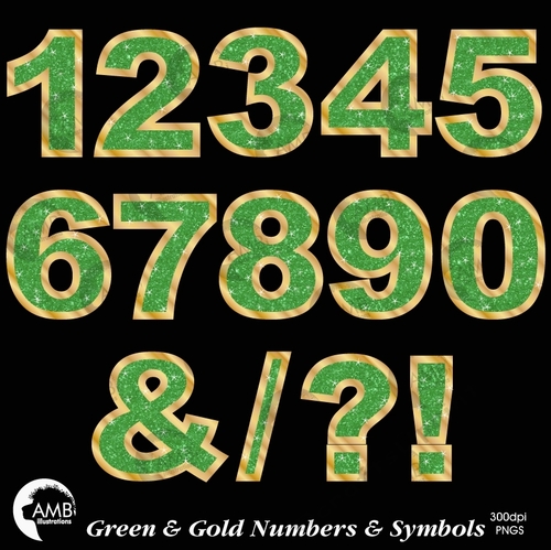 Numbers Clipart, Green and Gold Glitter Numbers and Symbols Clipart ...