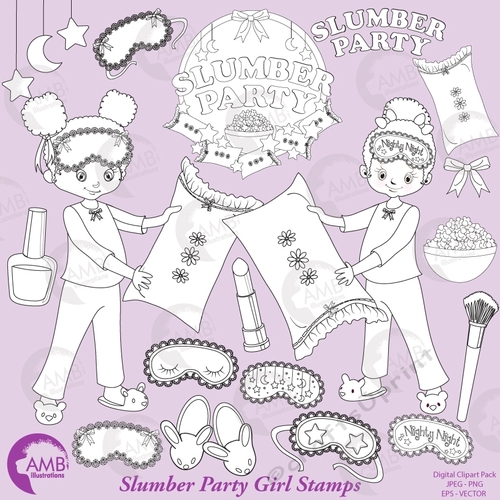 Slumber party stamp, girls sleep over stamps, pyjama party stamps ...