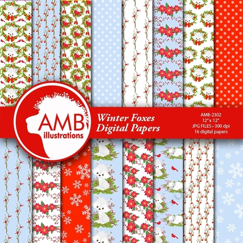 Christmas digital paper, Winter fox papers, Winter papers, White fox ...