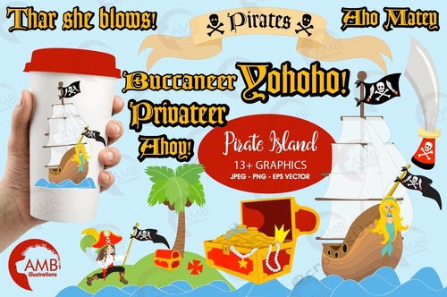 Pirate Clipart, Pirate Ship clip, Treasure Chest, Treasure Island ...